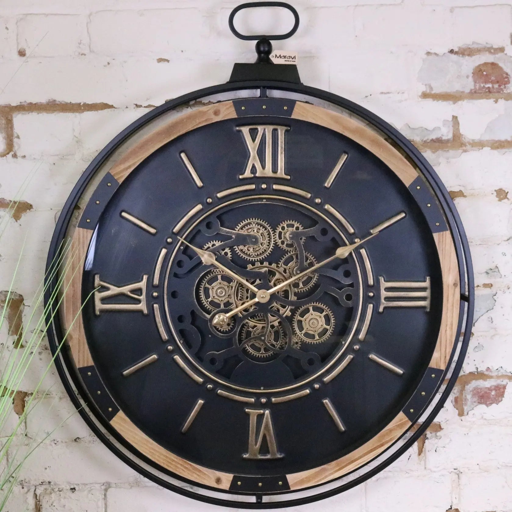 Extra Large Industrial Cog Clock Black Gold and Wood – Sostter