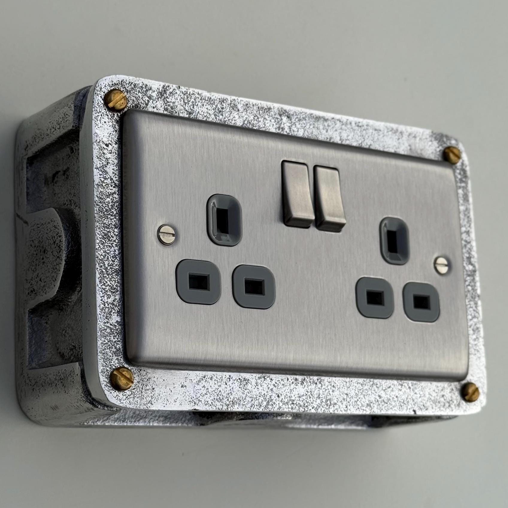 Brushed Steel Double Switched Power Socket Grey Insert 13A 230V Indust ...